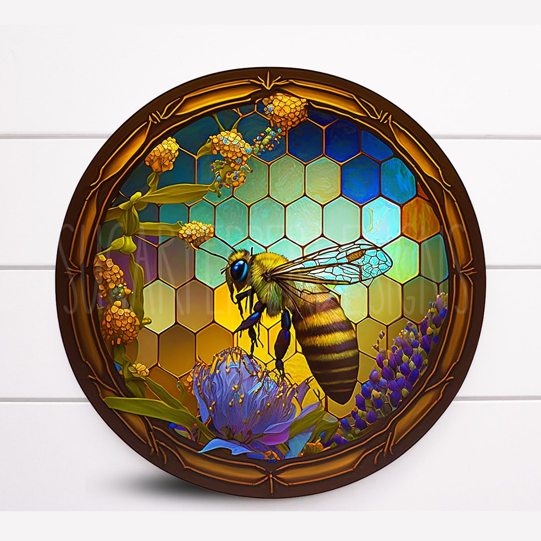Round Bee Faux Stained Glass Wreath Sign, Faux Stained Glass Wreath ...