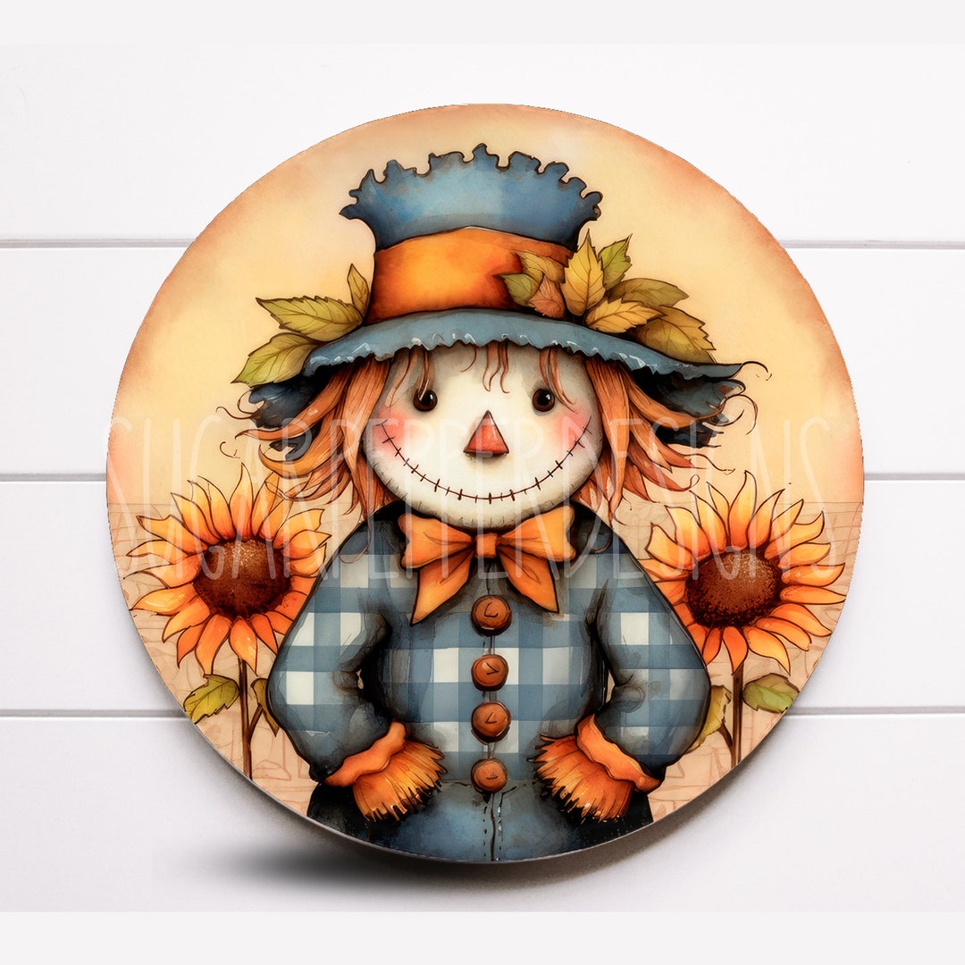 Wreath Sign, Scarecrow and Sunflowers Fall Round Metal Wreath Sign ...