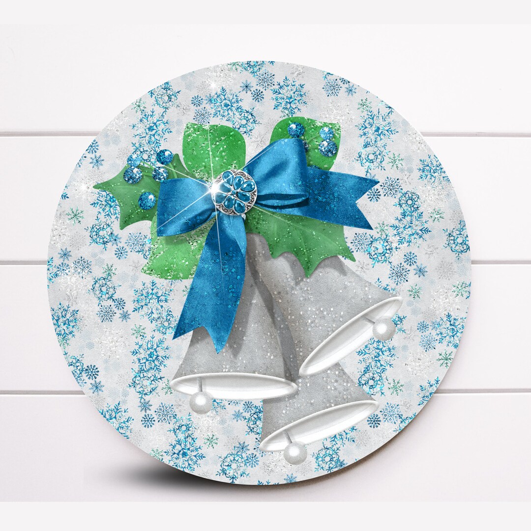 Wreath Sign, Christmas Wreath Sign, Blue and Silver Bells Wreath Sign ...