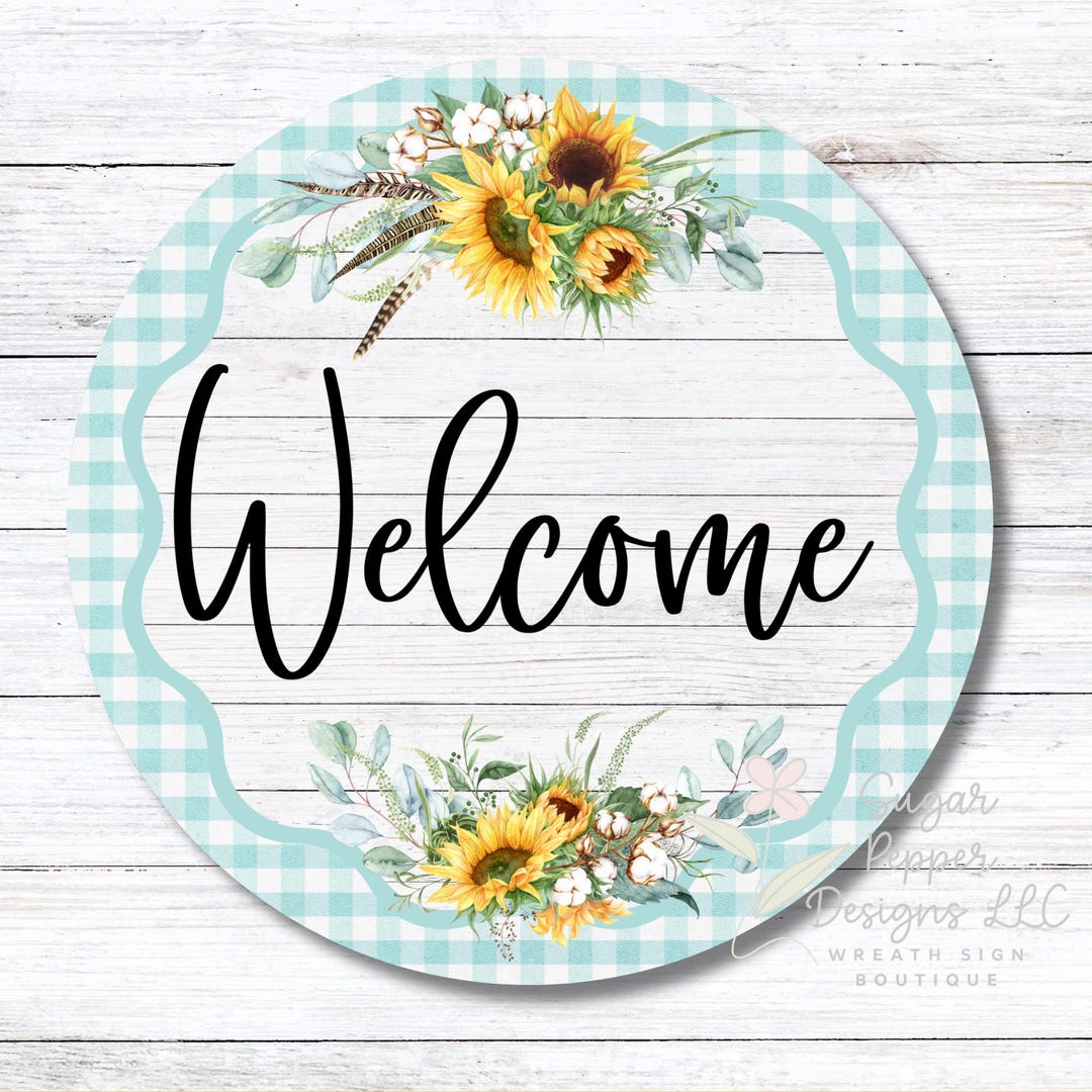 Light Blue Welcome Sunflower Sign for Wreath, Round Metal Wreath Sign ...