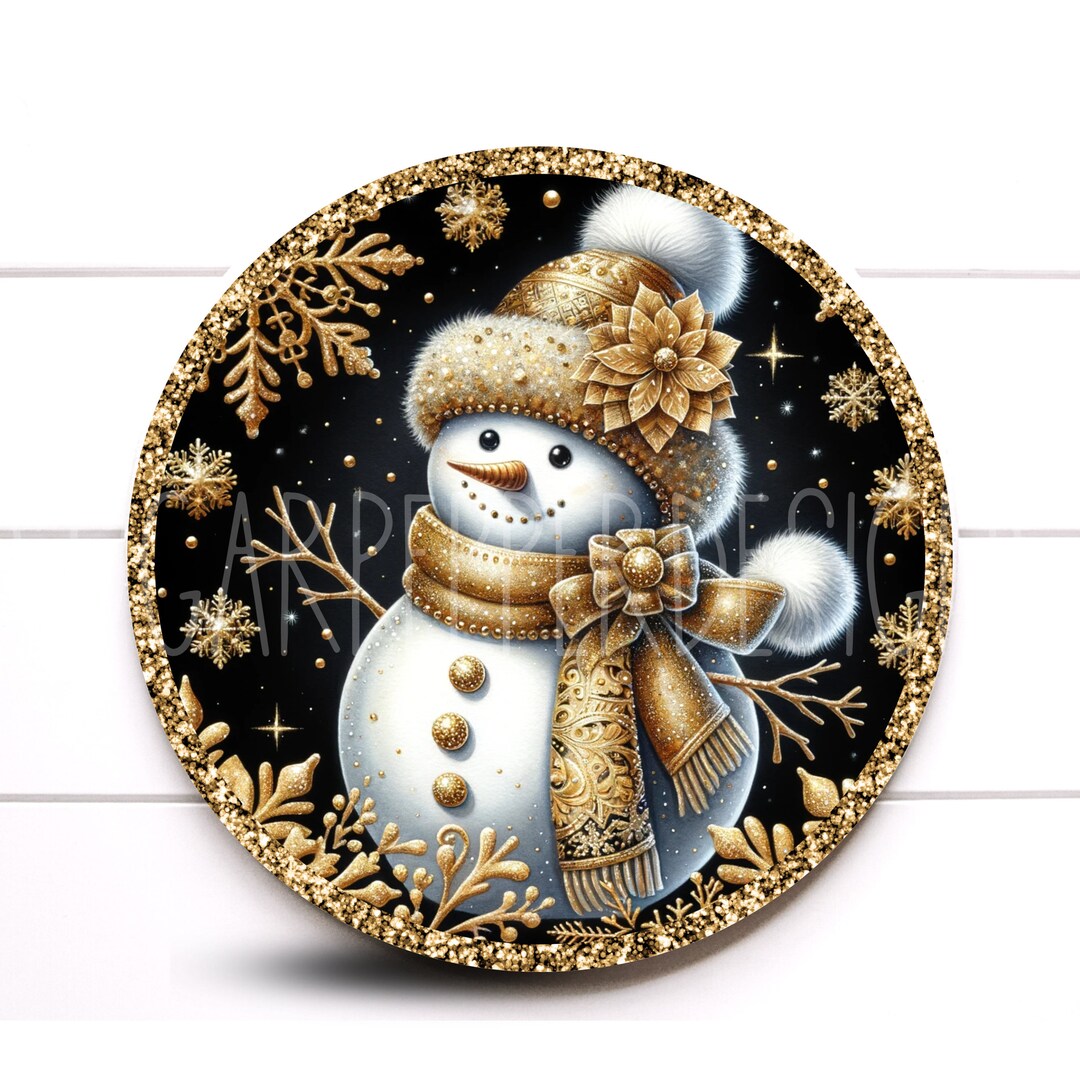 Wreath Sign, Black and Gold Snowman Wreath Sign, Christmas Wreath Sign ...