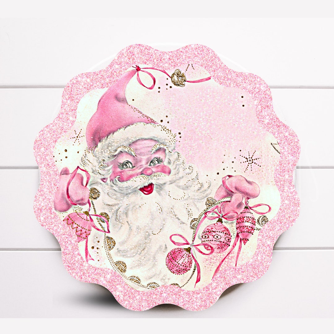 Wreath Sign, Blush Pink Retro Santa Wreath Sign, Pink Christmas Wreath ...