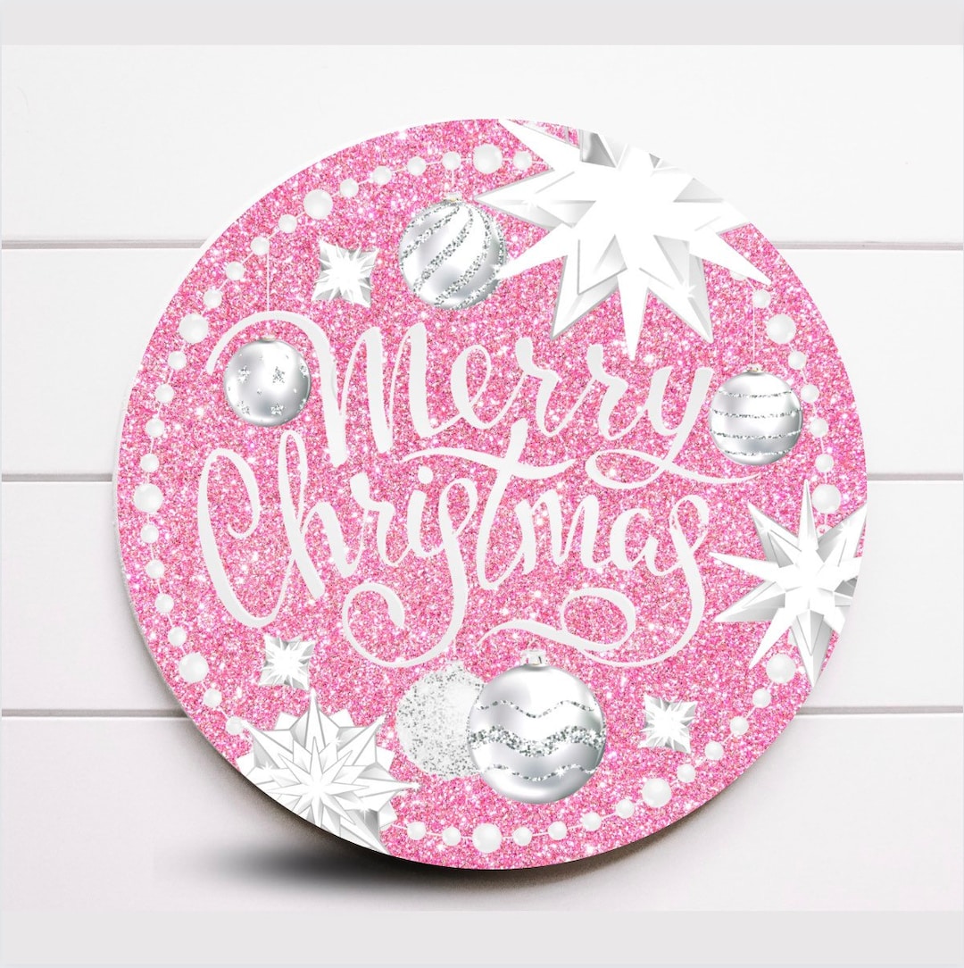 Wreath Sign, Round Pink and Silver Merry Christmas Wreath Sign, Metal ...