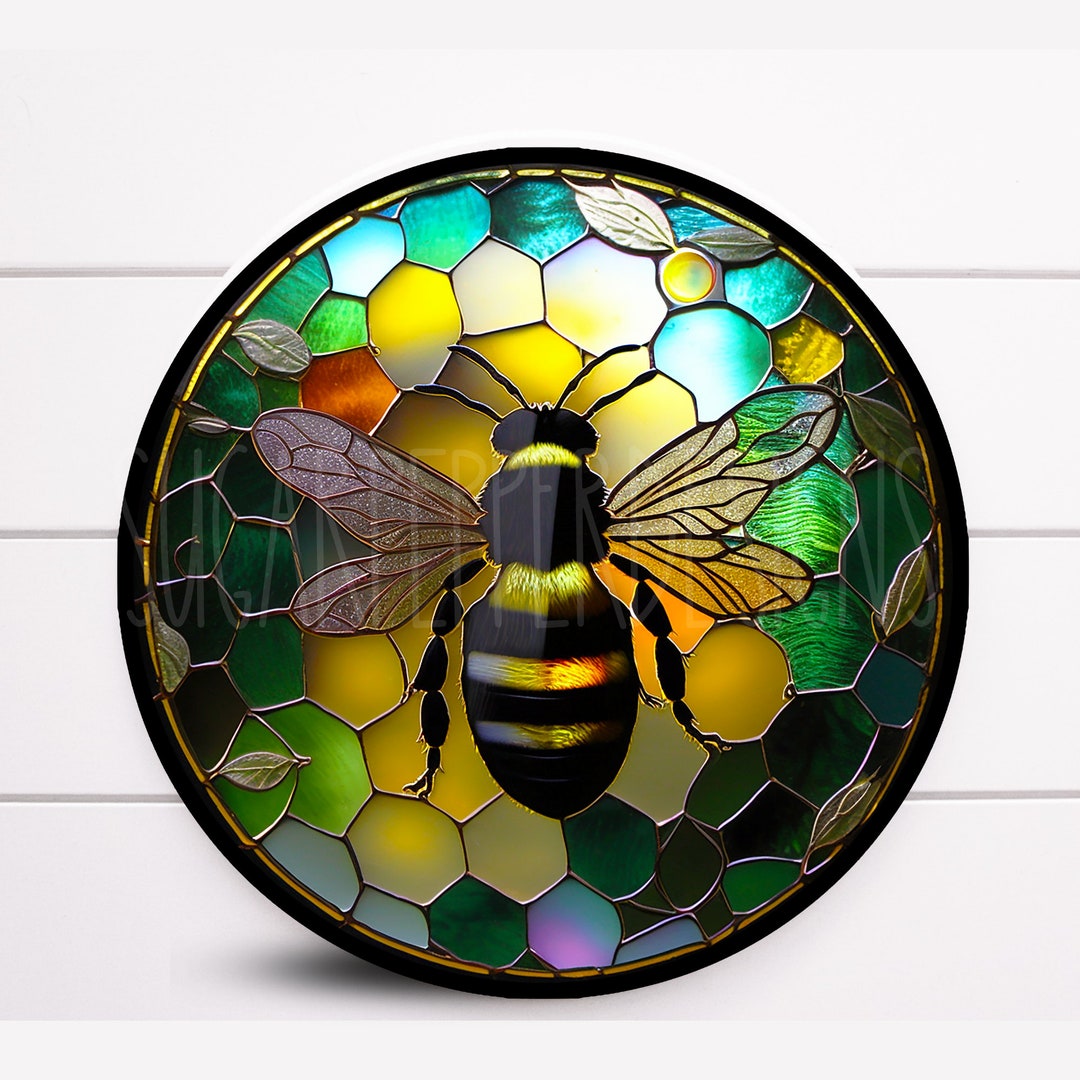 Round Bee Faux Stained Glass Wreath Sign, Faux Stained Glass Wreath ...