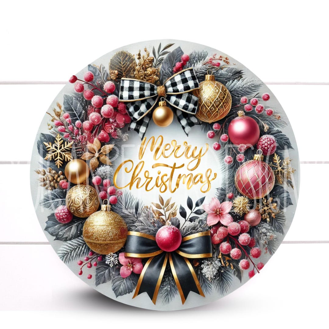 Wreath Sign, Merry Christmas Wreath Sign, Red, Gold, and Pink Christmas ...