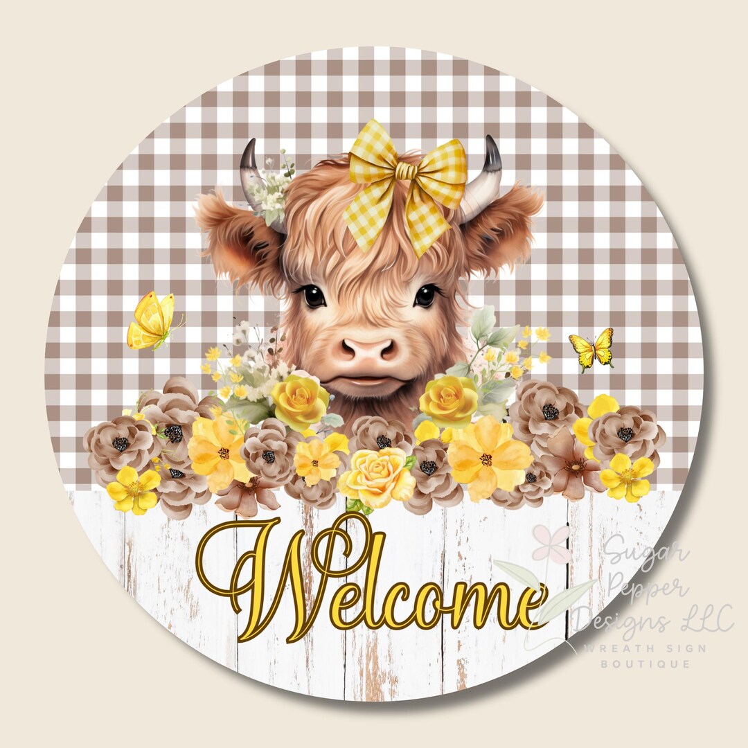 Yellow Bow Highland Cow Welcome Sign With Yellow Roses and Butterflies ...
