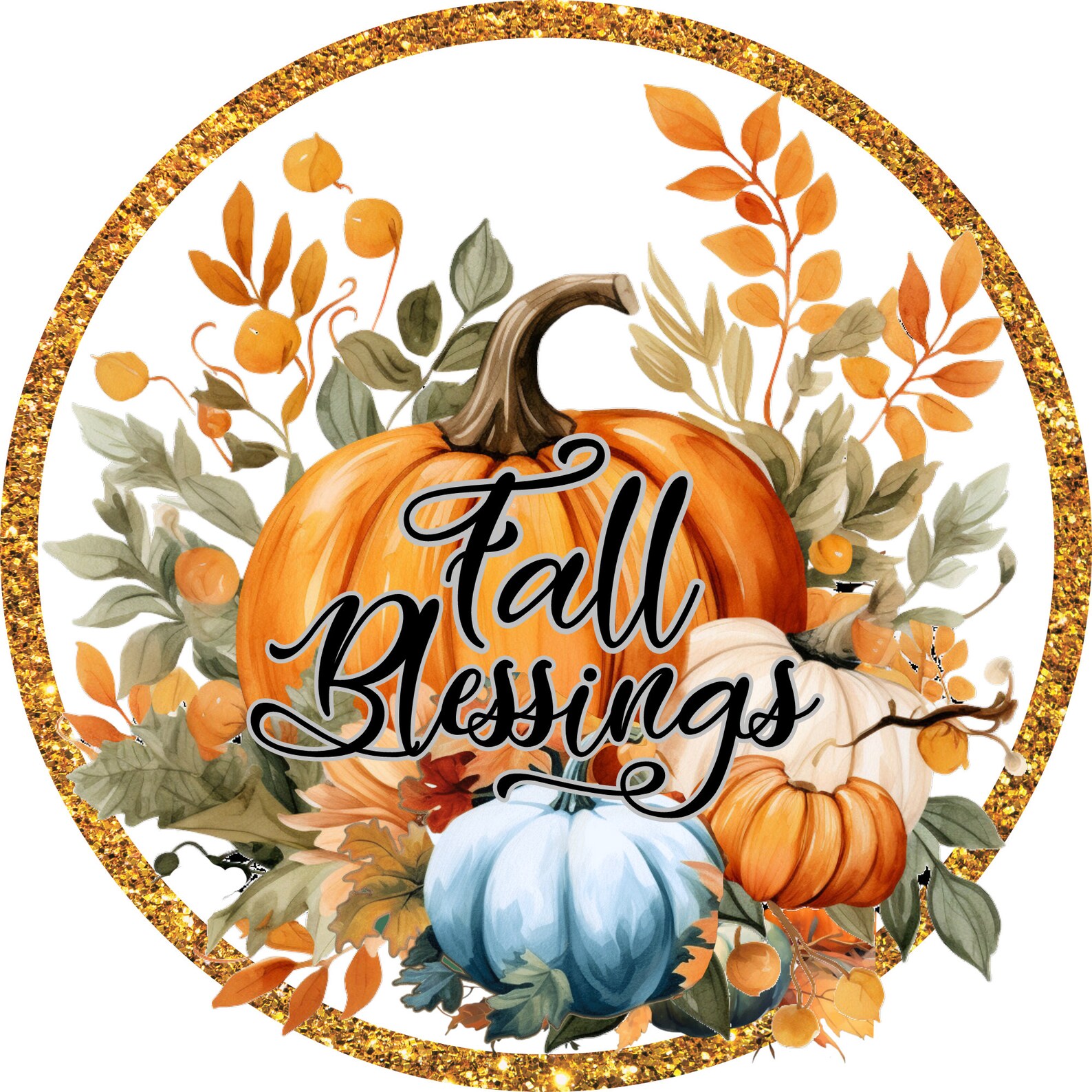 Wreath Sign, Fall Blessings Round Metal Wreath Sign, White Pumpkin ...