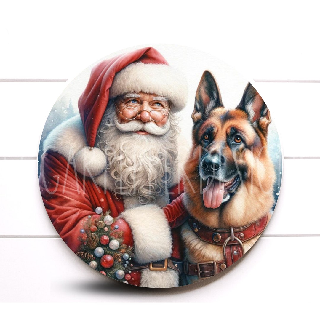 Round German Shepherd and Santa Portrait Christmas Wreath Sign, Dog ...