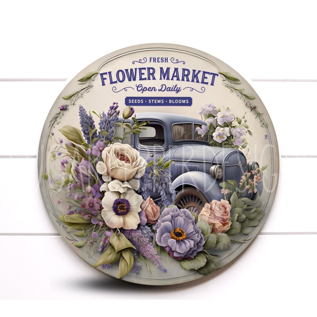 Round Fresh Flower Market Lavender Truck With Flowers Wreath Sign ...