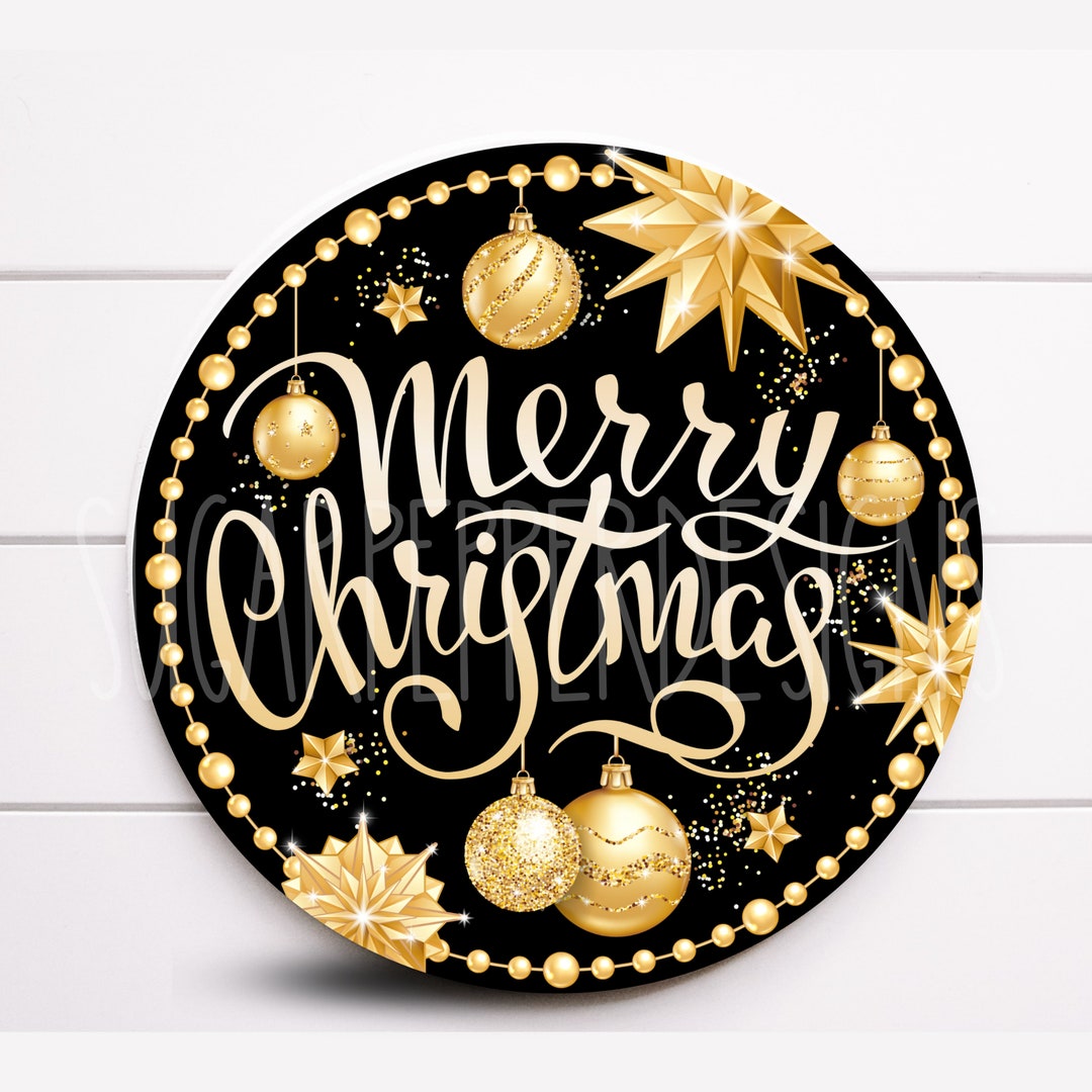 Wreath Sign, Round Black and Gold Merry Christmas Wreath Sign, Metal ...