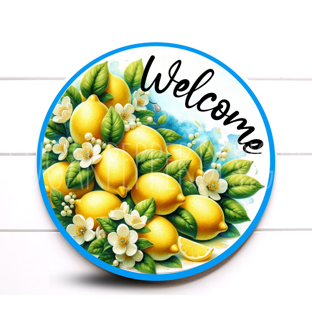 Lemon Wreath Sign, Welcome Blue and Yellow Lemon Wreath Sign, Everyday ...