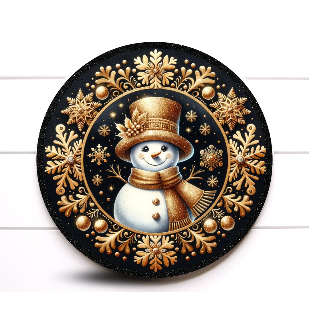 Wreath Sign, Black and Gold Snowman Wreath Sign, Christmas Wreath Sign ...