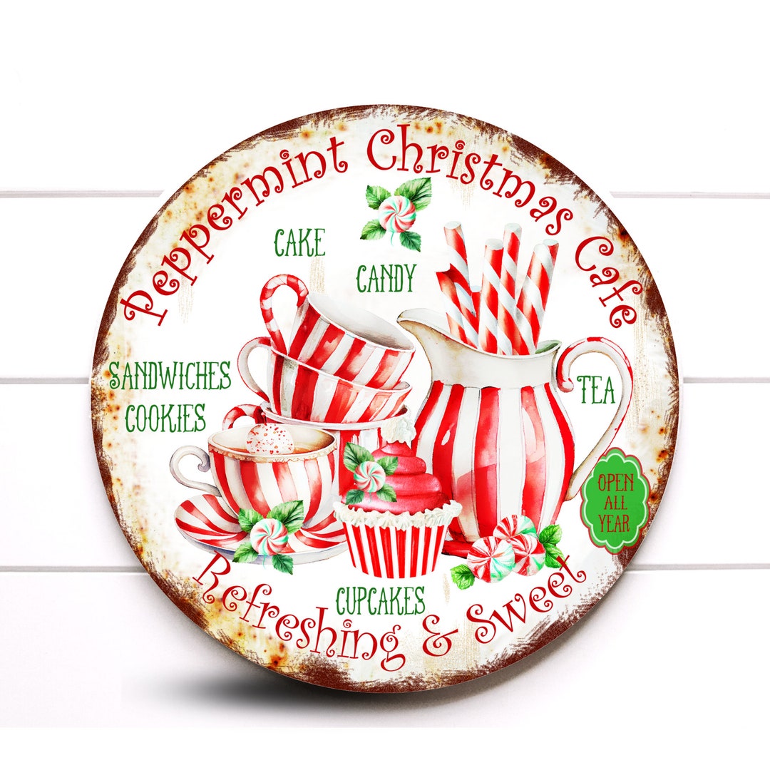 Wreath Sign, Round Rustic Peppermint Christmas Wreath Sign, Metal ...