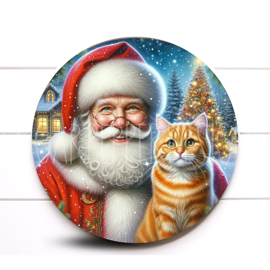 Wreath Sign, Round Orange Tabby Cat and Santa Portrait Christmas Wreath ...