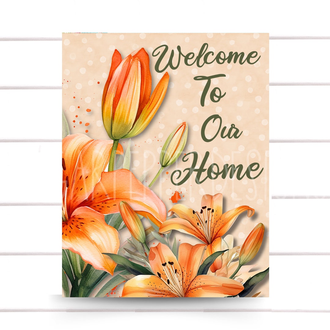 Lily Welcome Wreath Sign: Orange Floral Round Aluminum Door Decor, SPD ...