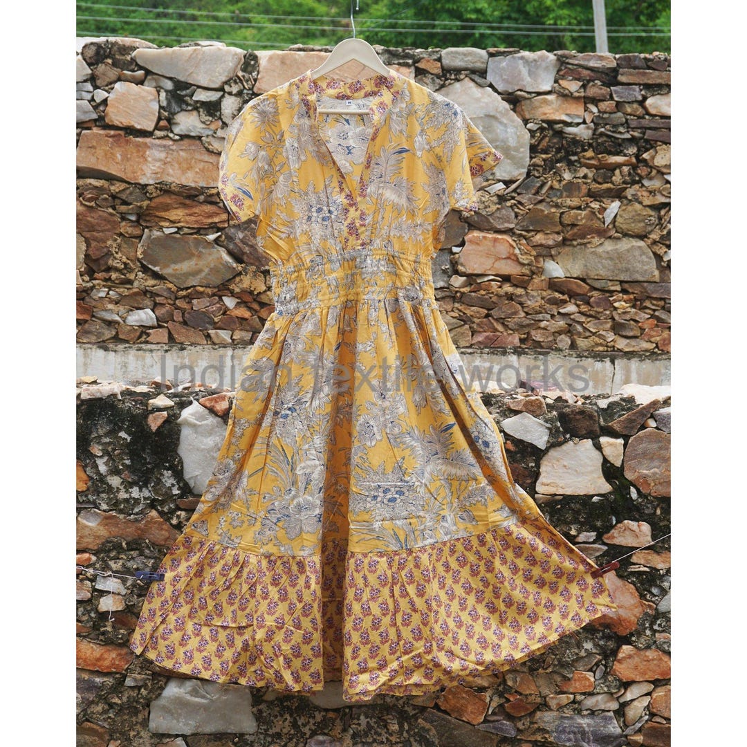 Indian Block Print Dress, Bohemian Floral Print Midi Dress, Casual Day ...