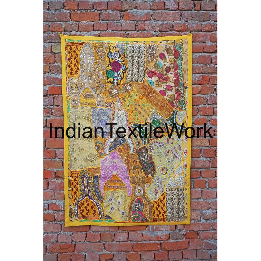Indian Heavy Embroidered Wall Hanging Vintage Sari Zari Work Tapestry ...