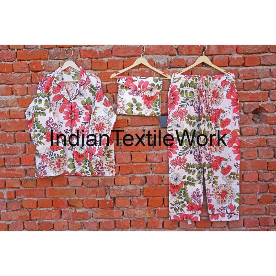 Adult Pyjamas/ Floral Hand Block Print Pure Cotton PJ Set, Payjama Set ...