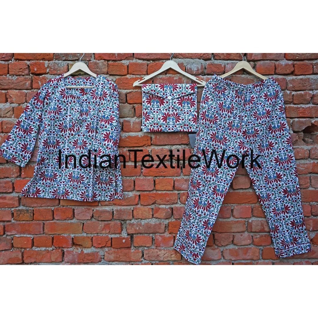 Indian Cotton Pajama Set, Block Print Night Suit, Cotton Pj Set, Women ...