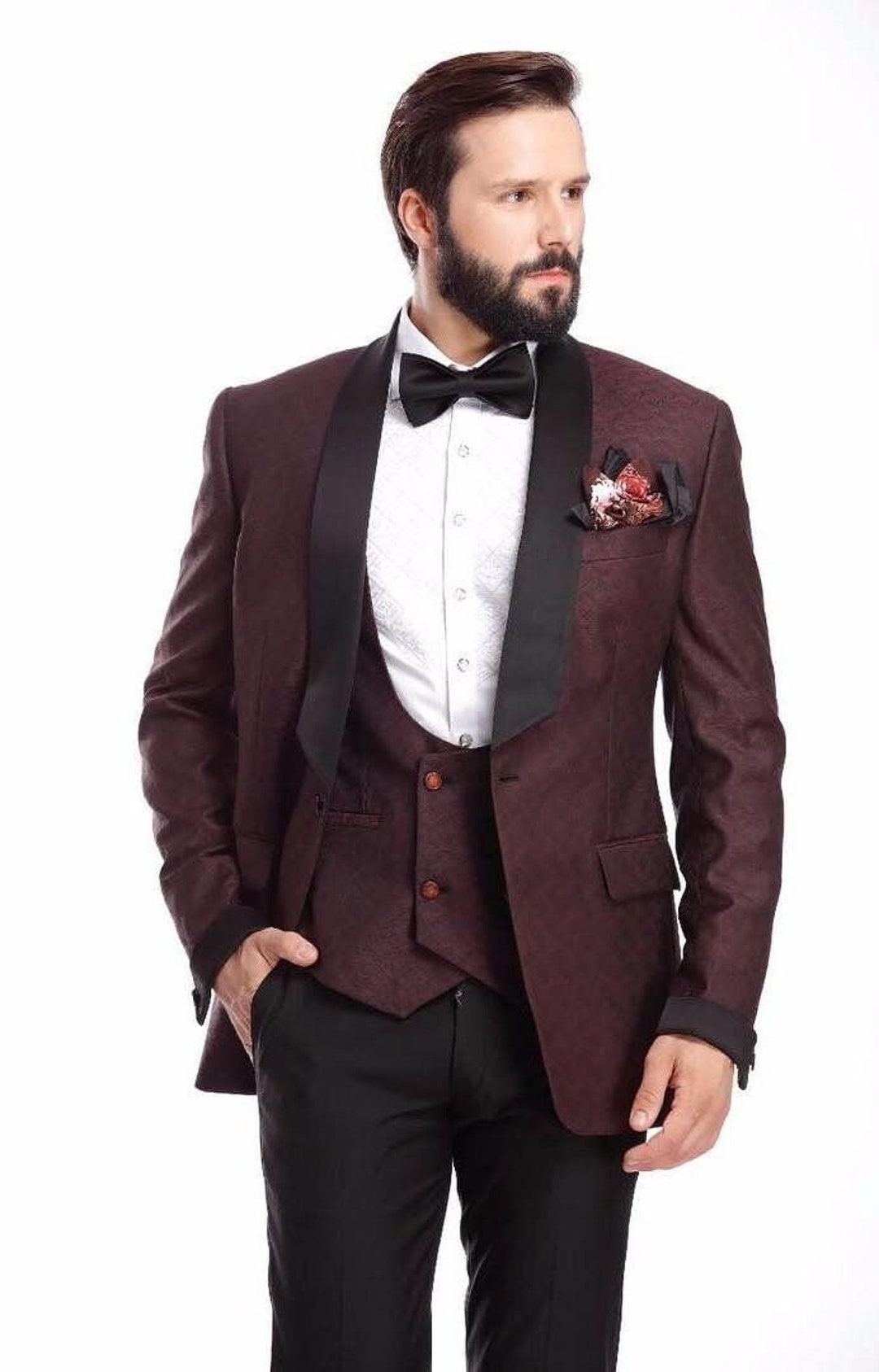 Maroon Suit for Men Slim Fit Tuxedo 3 Piece Coat Pant Formal Menswear ...