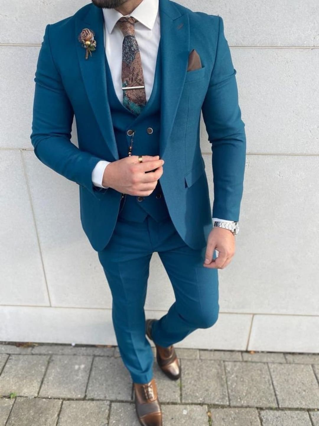 Madhu Couture Teal Blue Slim Fit 3 Piece Suit Formal Fashion Wedding ...