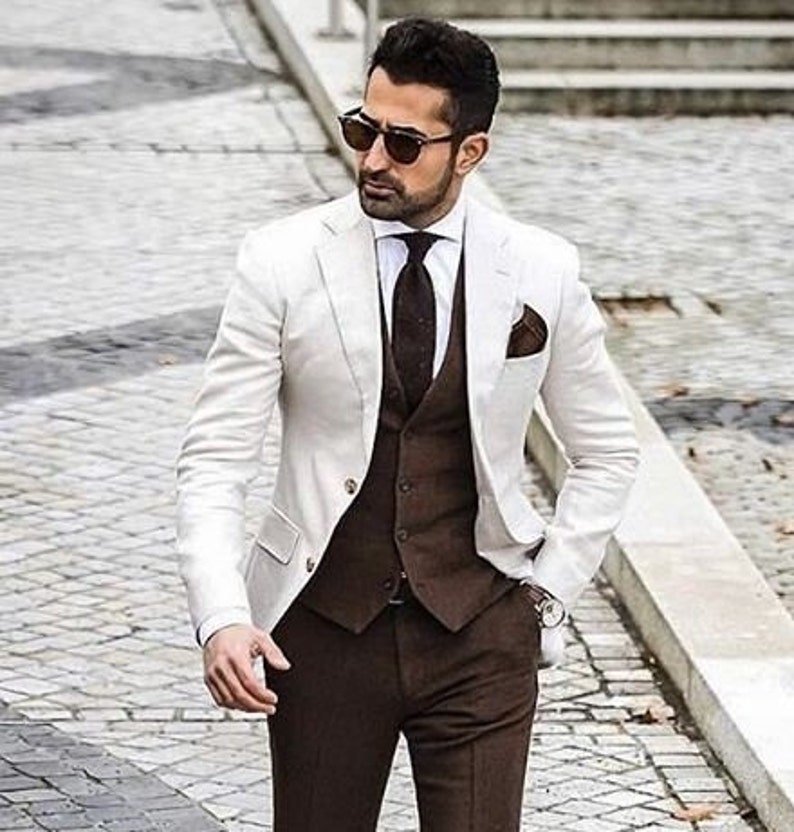 Men Suits Groom Ivory Wear Wedding Suits Groomsmen 3 Piece Suits Party ...