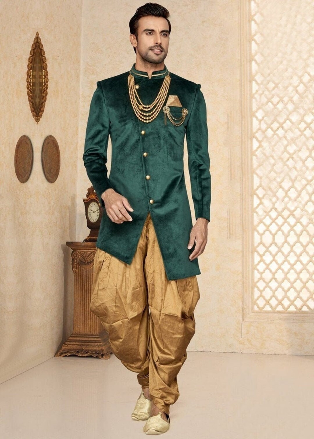 Ethnic Wear Designer Sherwani Golden Harem Green Velvet Indo Western ...