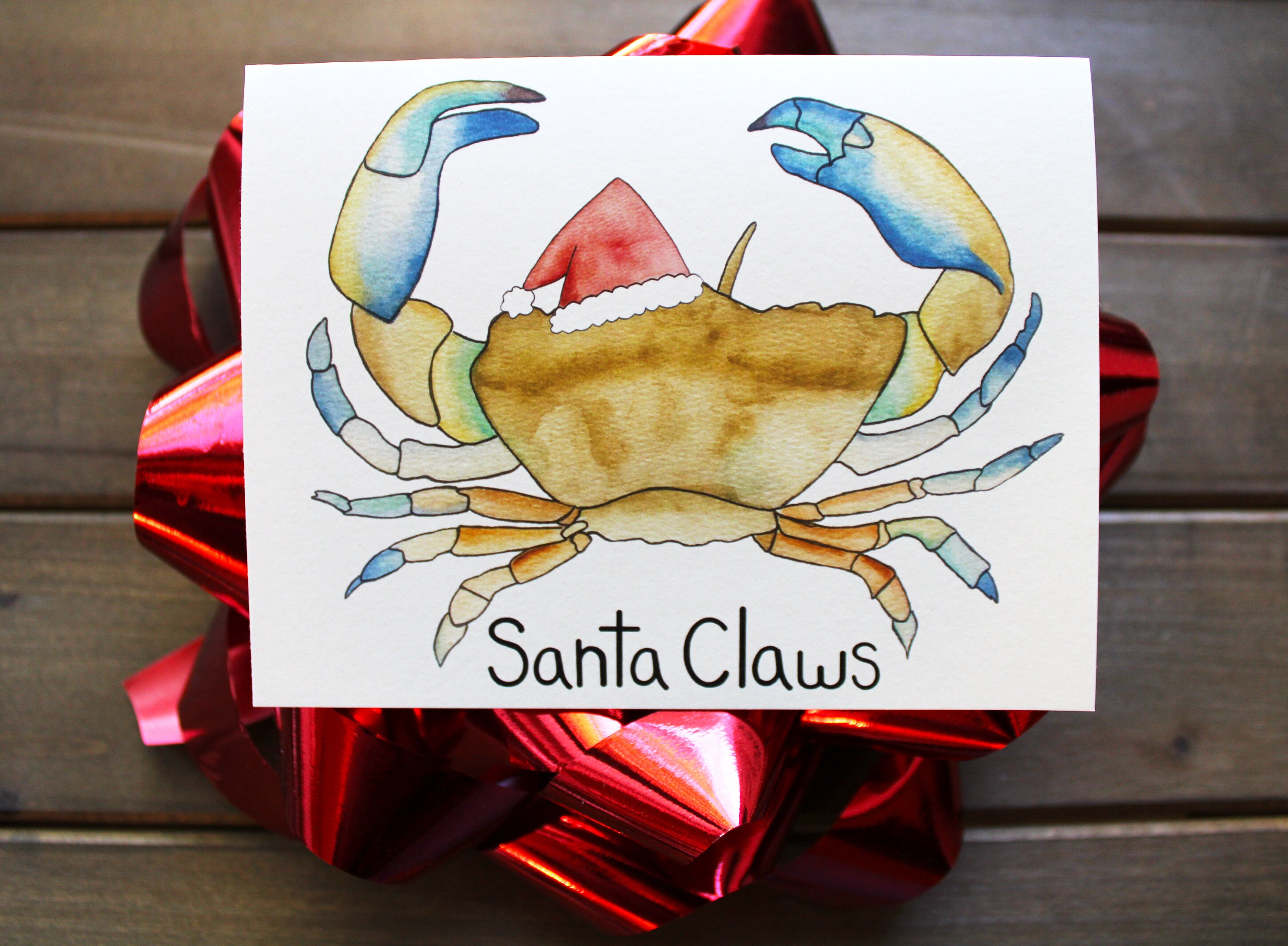 Santa Claws -- Crab Winter Holiday/christmas Watercolor Cardstock Pun ...