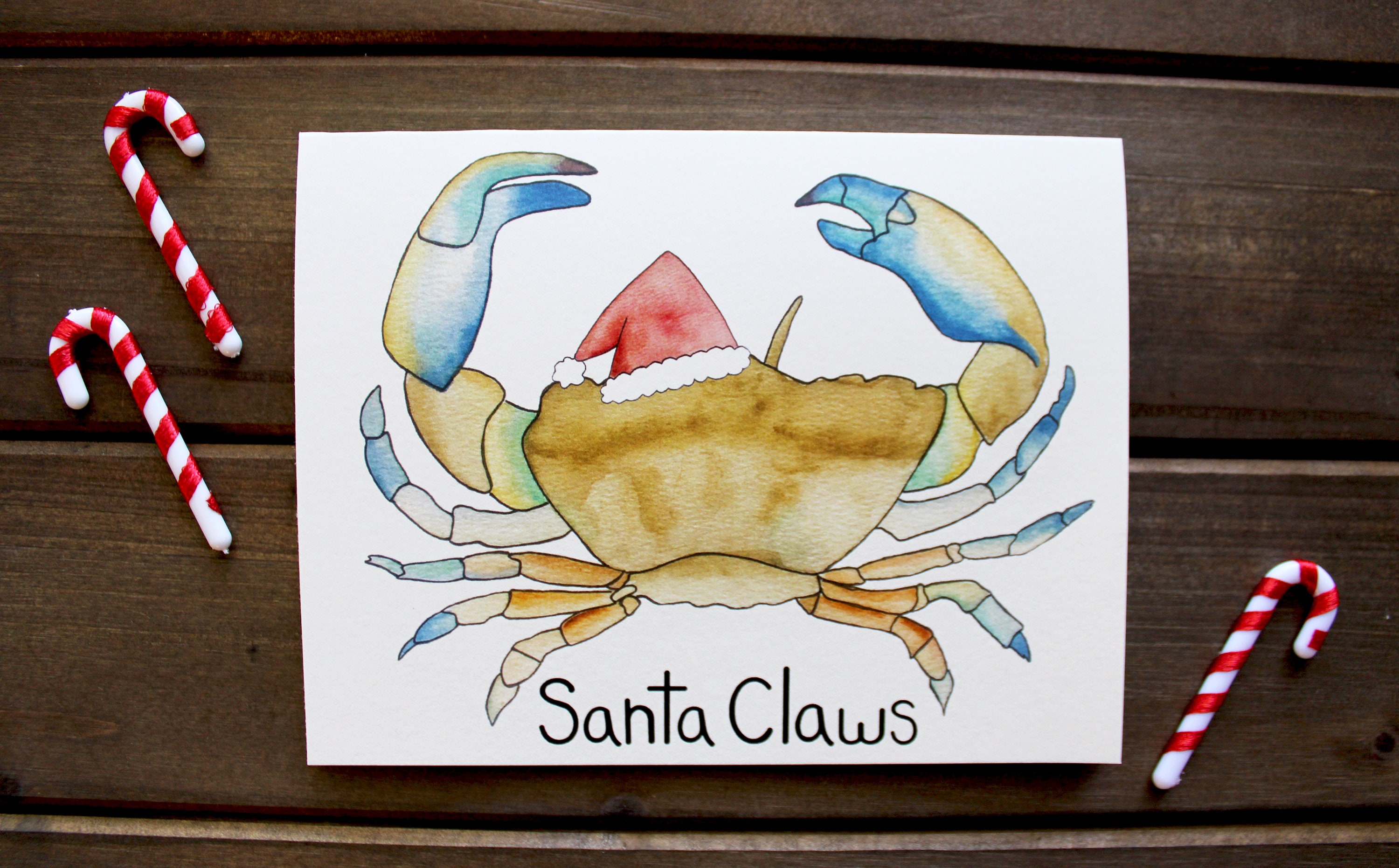 Santa Claws -- Crab Winter Holiday/christmas Watercolor Cardstock Pun ...