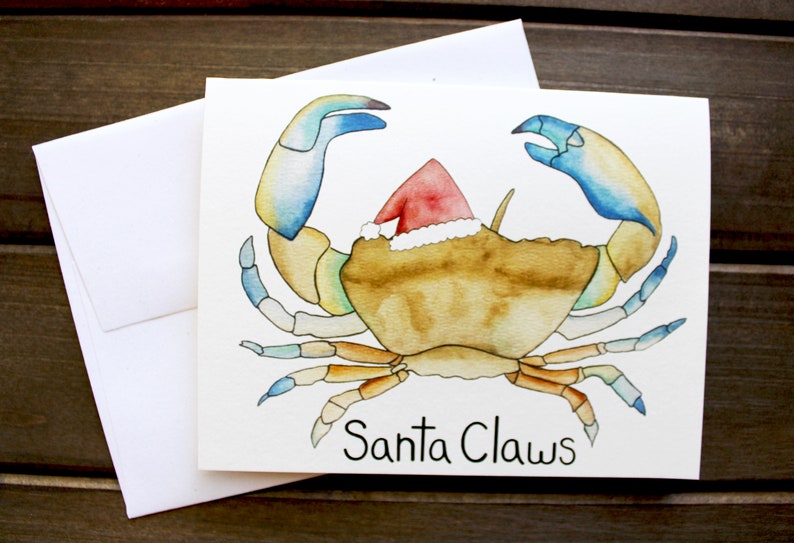 Santa Claws -- Crab Winter Holiday/christmas Watercolor Cardstock Pun ...
