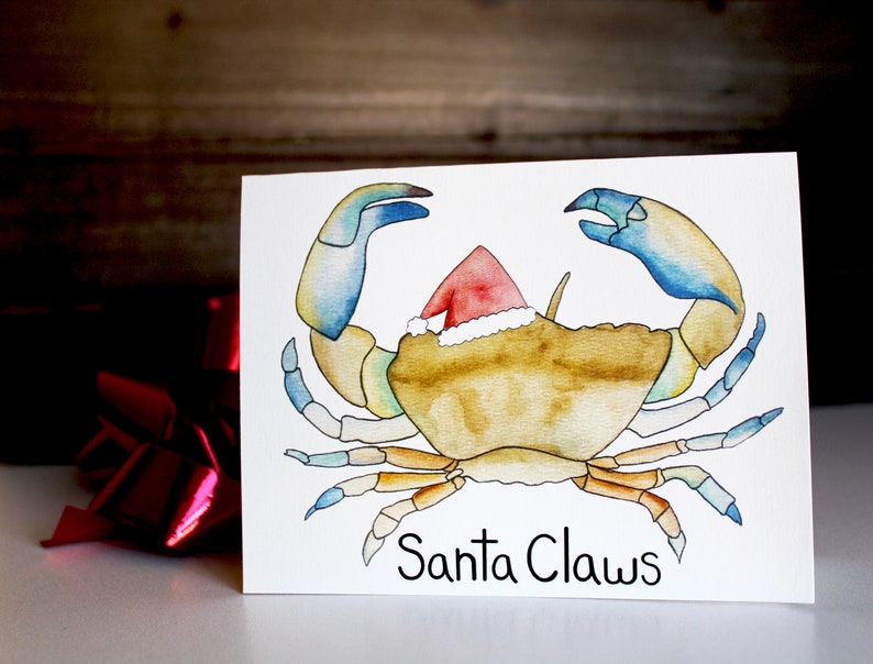 Santa Claws -- Crab Winter Holiday/christmas Watercolor Cardstock Pun ...