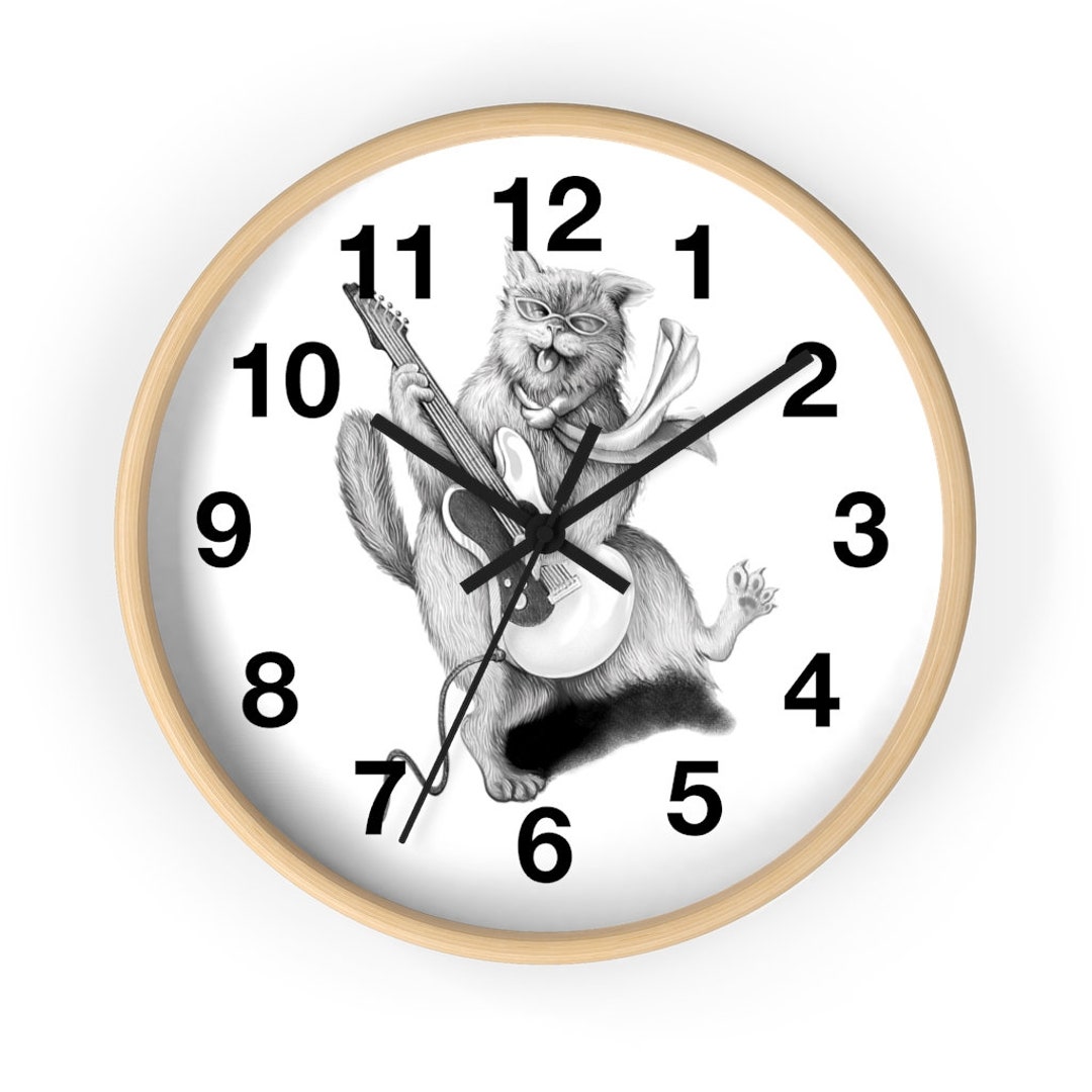 GUITAR CAT CLOCK, Rocking Cat Clock, Guitar Clock, Wooden Frame White ...