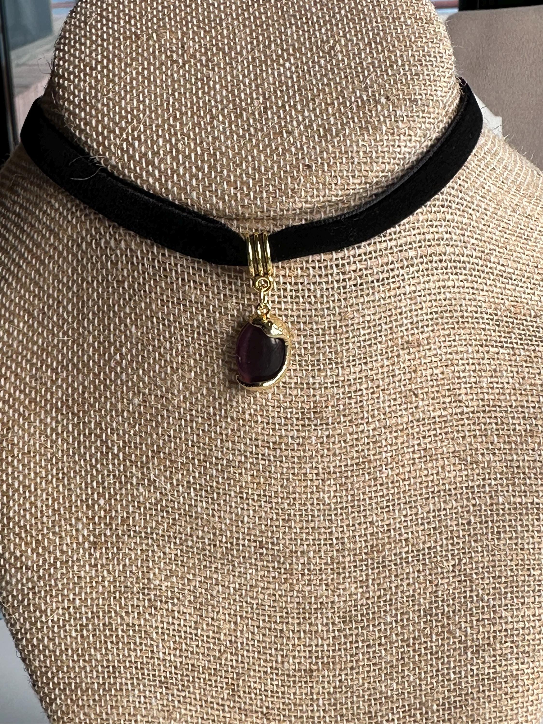 Gothic Black Velvet Choker With Purple Cat's Eye Pendant, Boho Chic ...