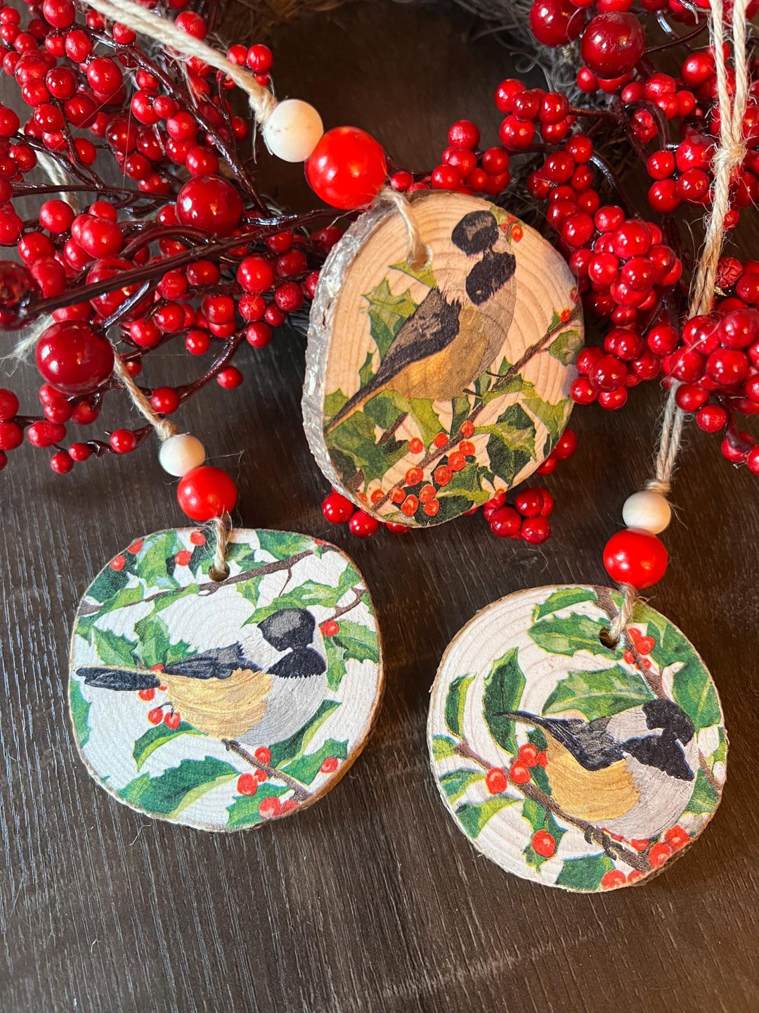 Set of 3 Chickadees Bird Wood Slice Ornaments - Decoupaged Handmade ...