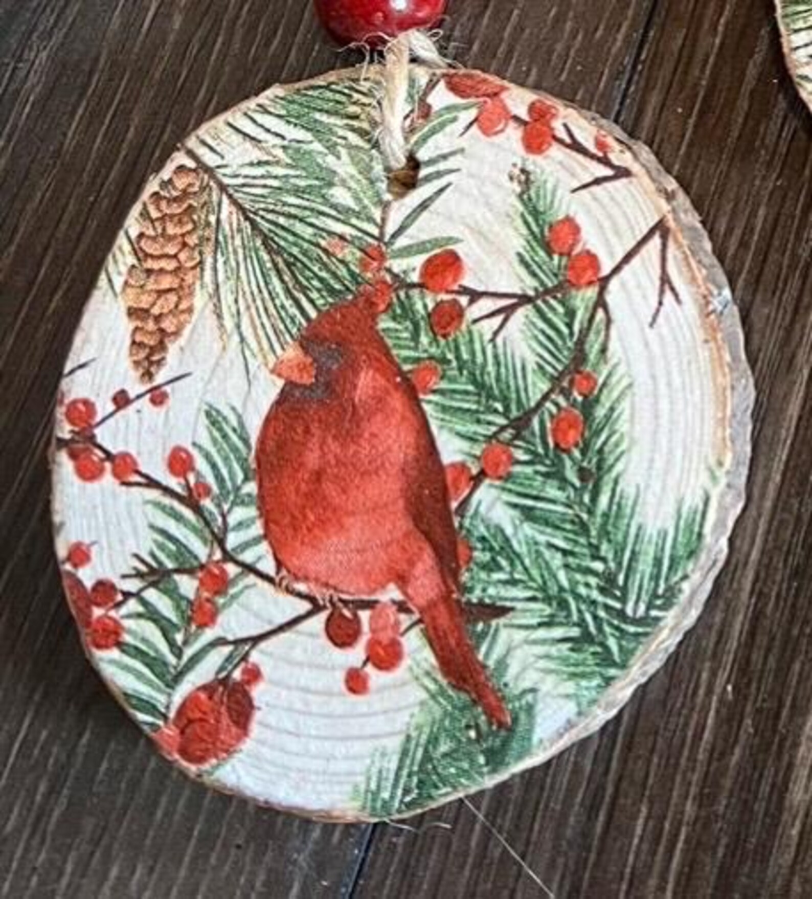 Cardinal Wood Slice Ornament - Decoupaged Handmade Ornament - Farmhouse ...