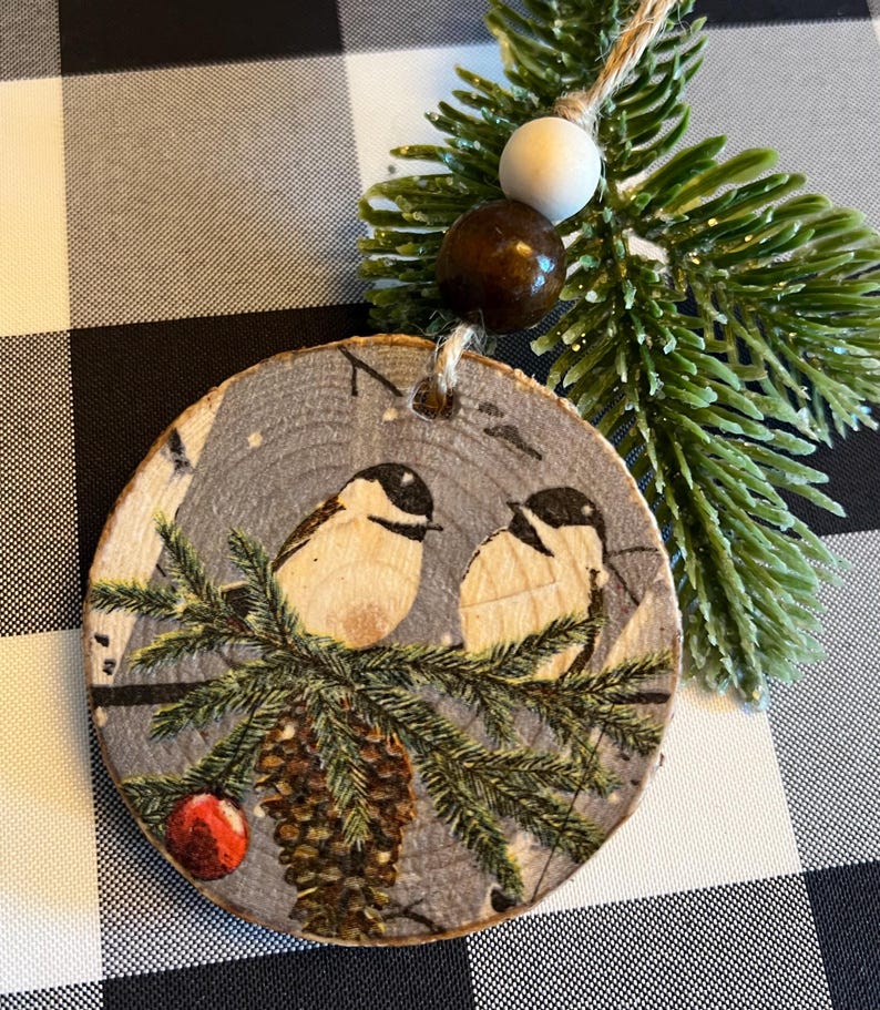 Winter Chickadee Birds Wood Slice Ornament - Decoupaged Handmade ...