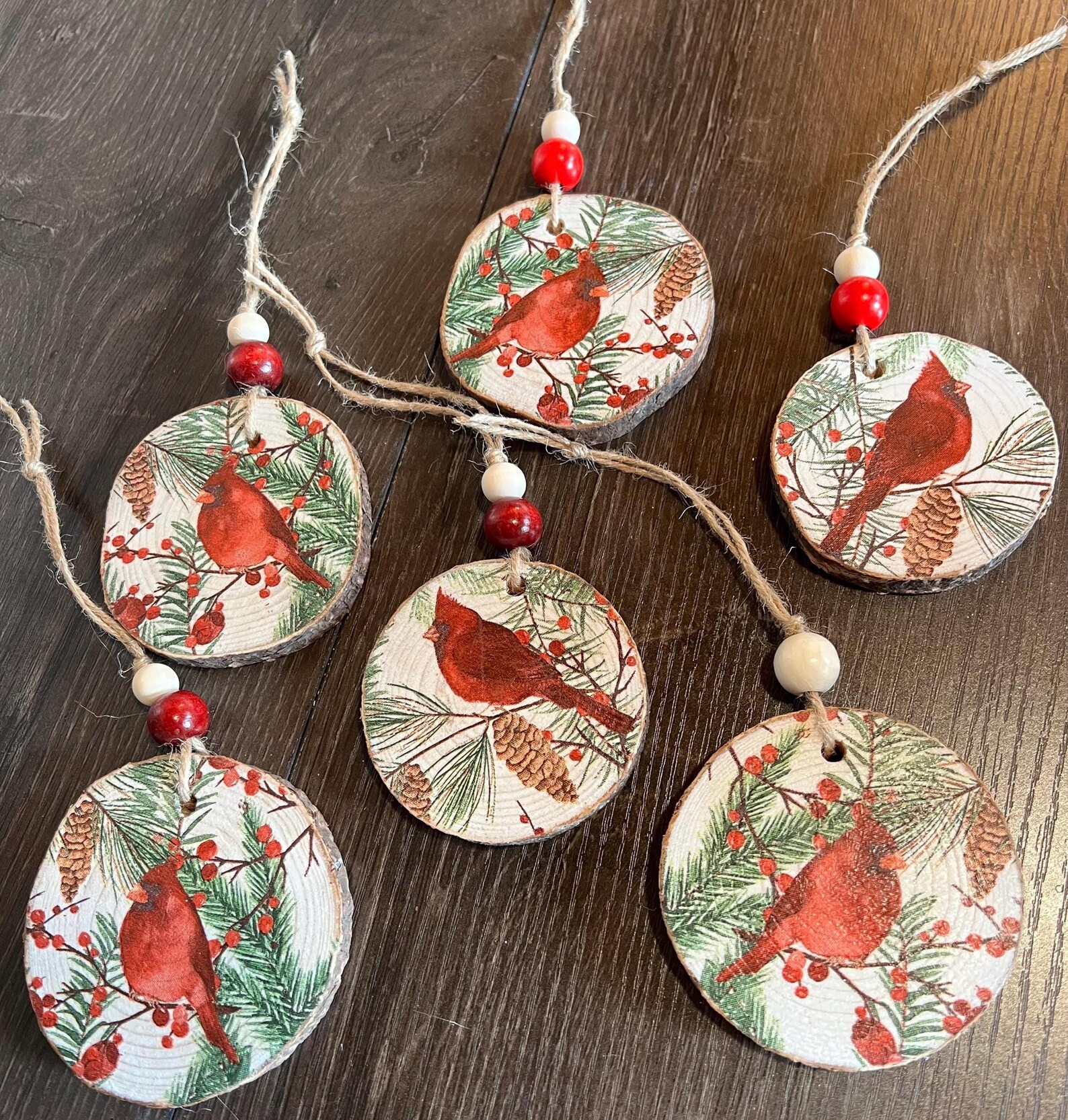 Red Cardinal Wood Slice Ornament, Decoupaged Handmade Ornament, Bird ...
