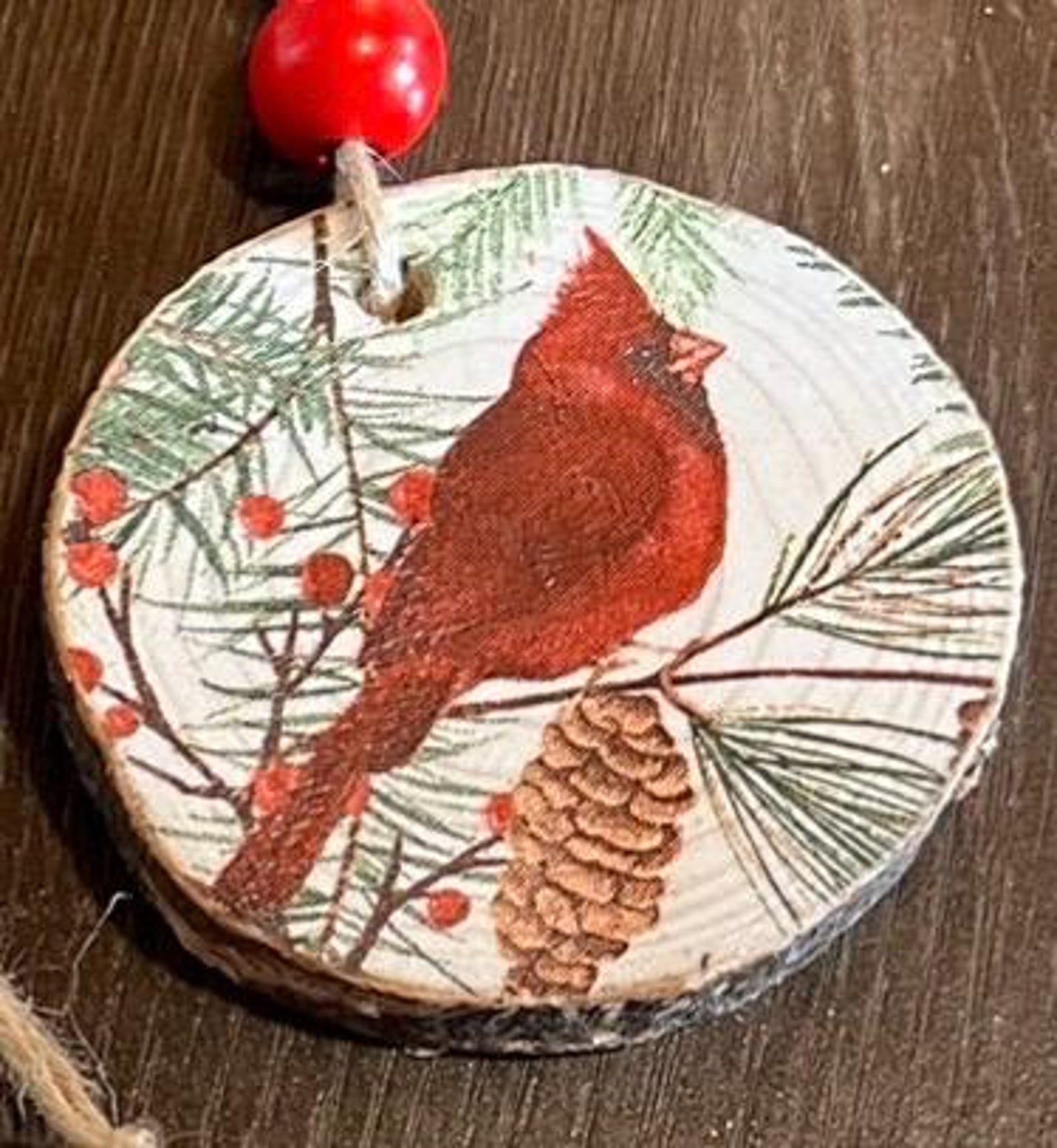 Cardinal Wood Slice Ornament - Decoupaged Handmade Ornament - Farmhouse ...