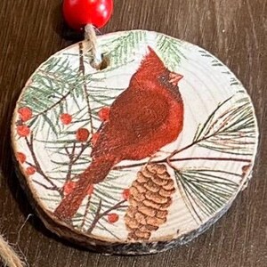 Red Cardinal Wood Slice Ornament, Decoupaged Handmade Ornament, Bird ...