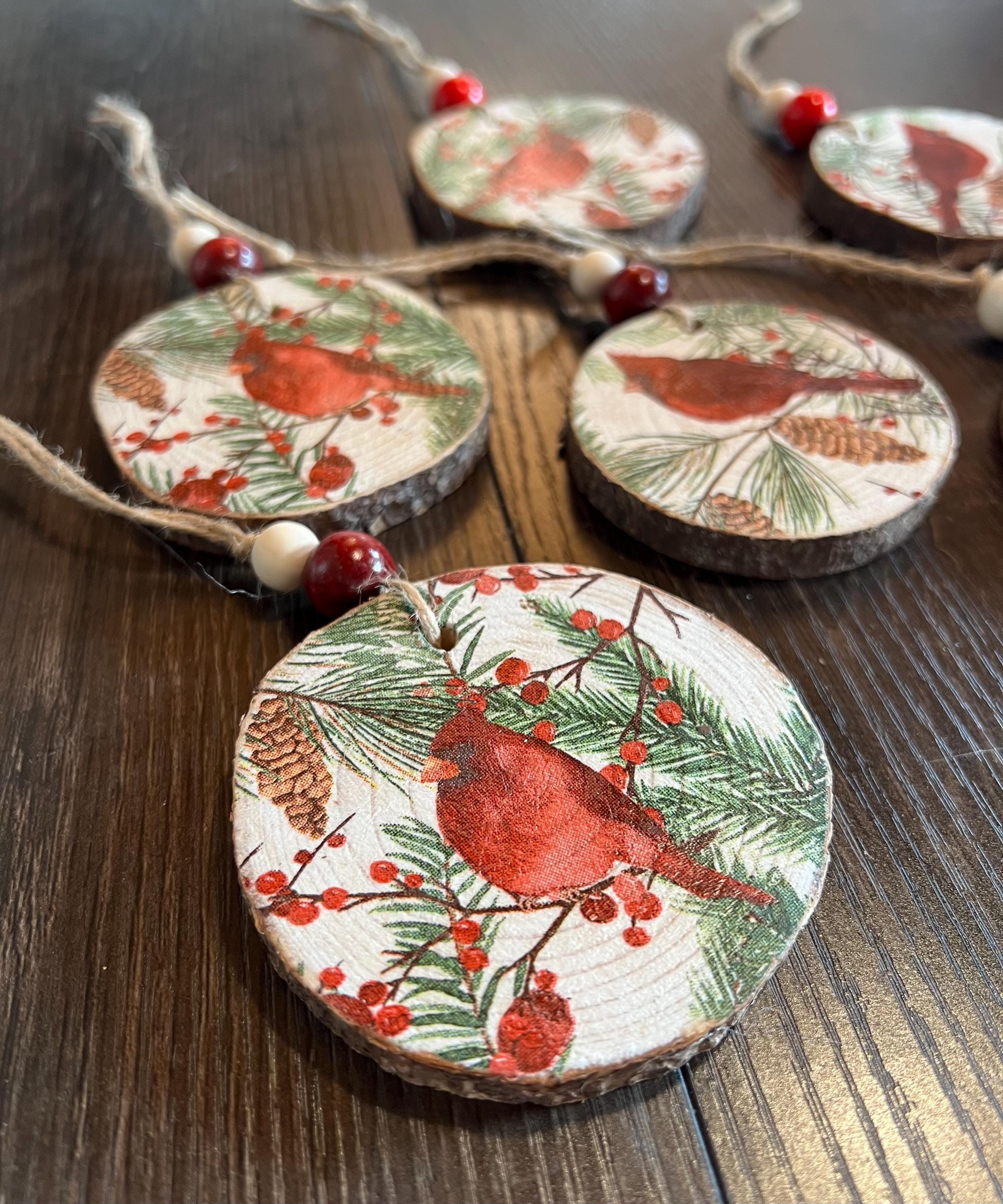 Red Cardinal Wood Slice Ornament, Decoupaged Handmade Ornament, Bird ...