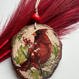 Red Cardinal Wood Slice Ornament, Decoupaged Handmade Ornament, Bird ...