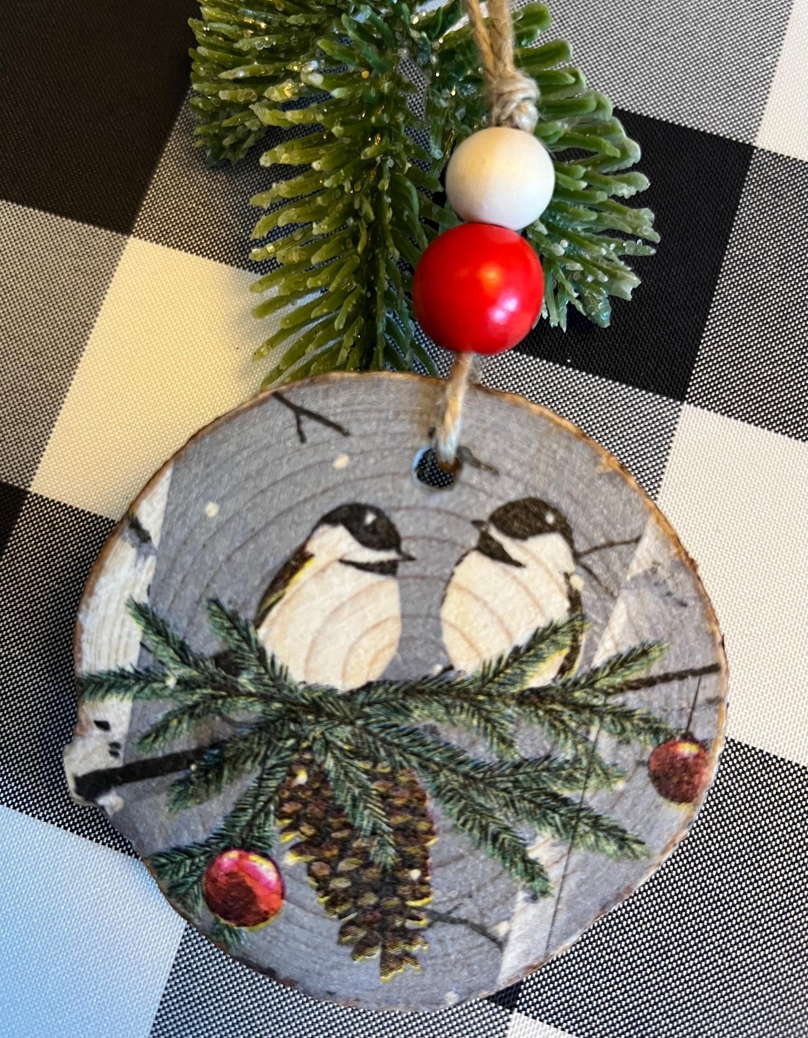 Winter Chickadee Birds Wood Slice Ornament - Decoupaged Handmade ...
