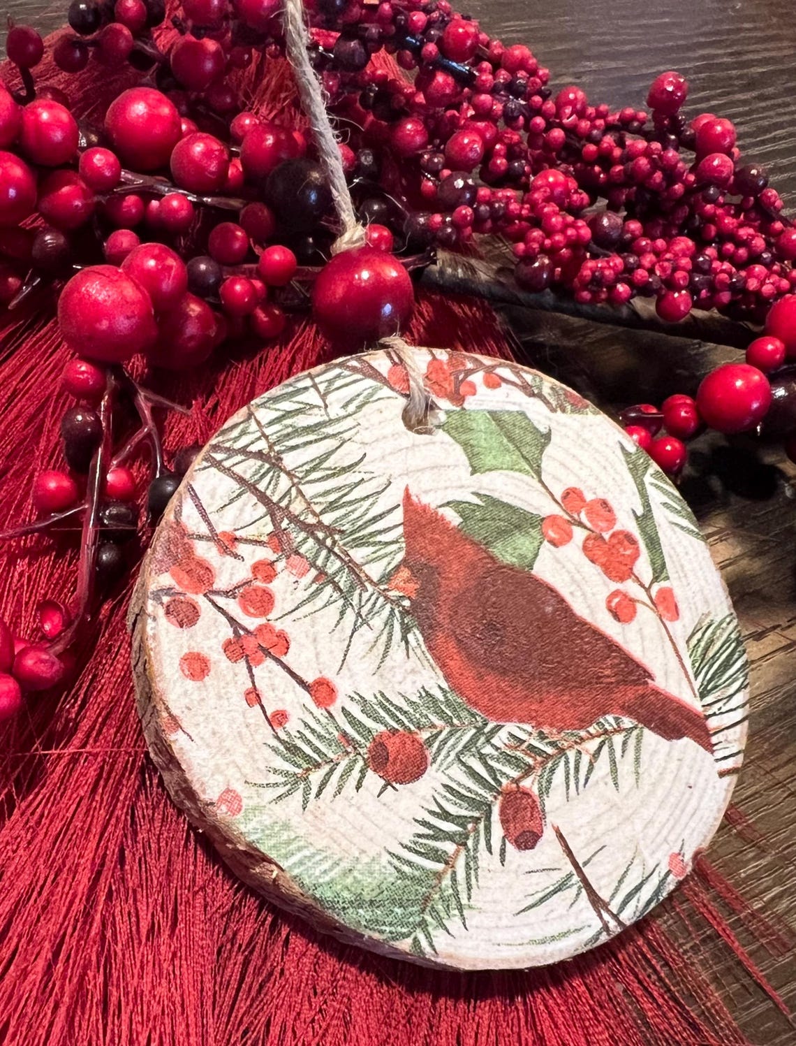 Red Cardinal Wood Slice Ornament, Decoupaged Handmade Ornament, Bird ...