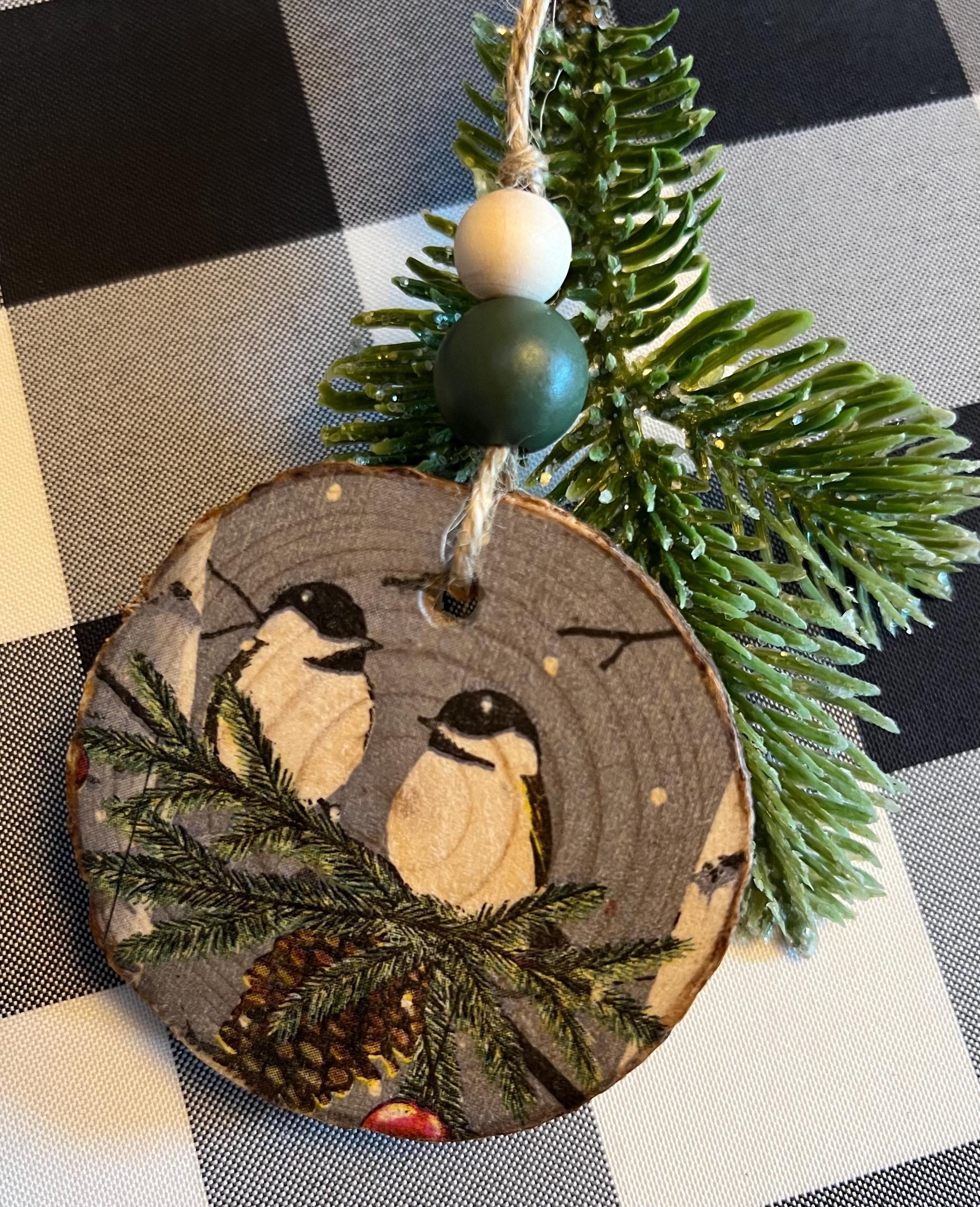 Winter Chickadee Birds Wood Slice Ornament - Decoupaged Handmade ...