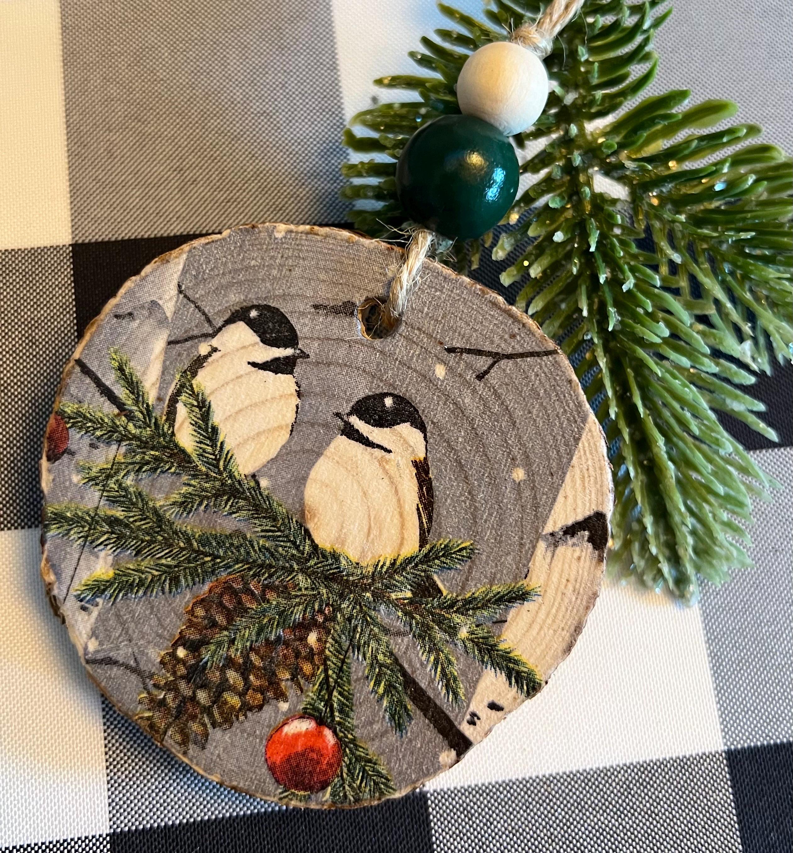 Winter Chickadee Birds Wood Slice Ornament - Decoupaged Handmade ...
