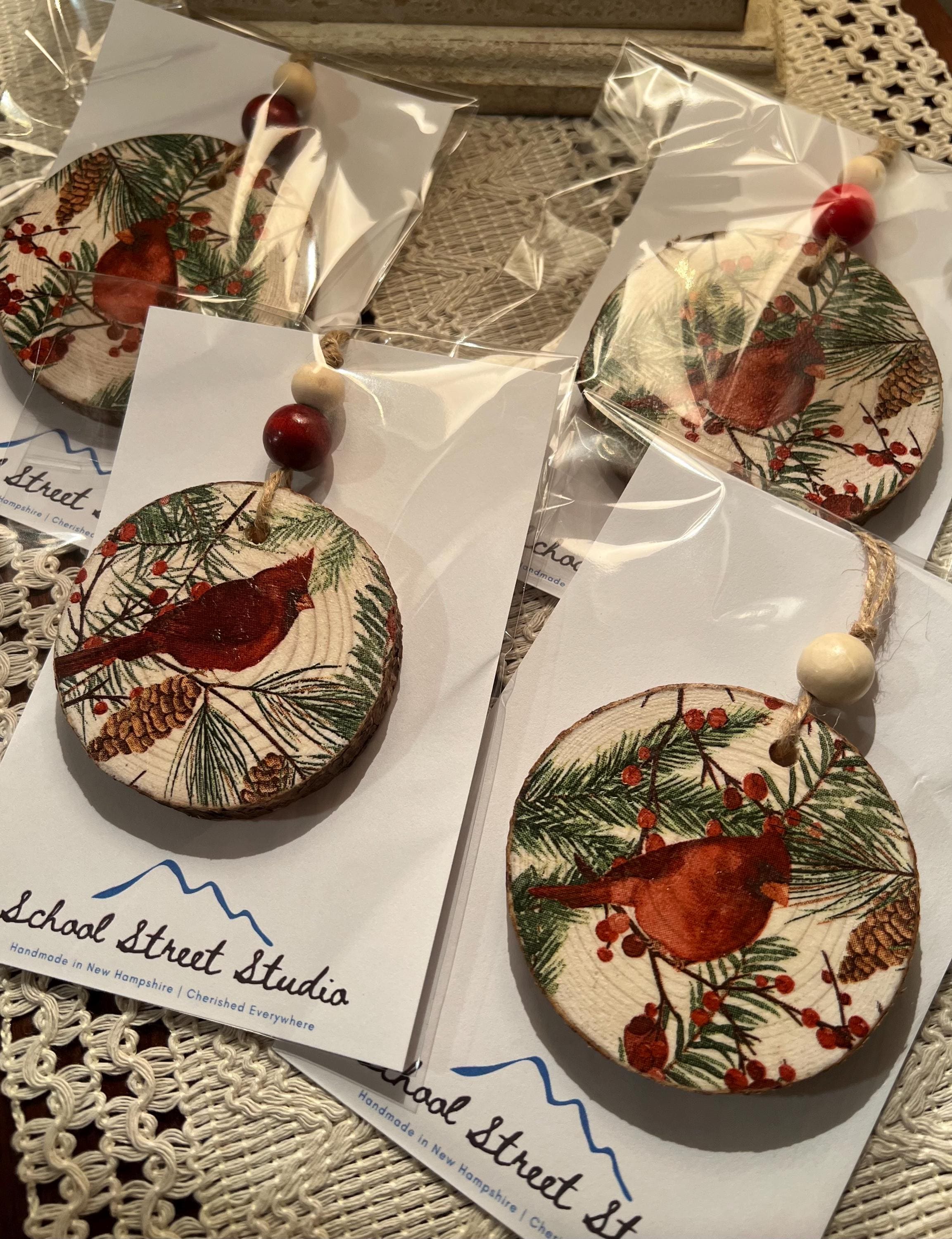 Cardinal Wood Slice Ornament - Decoupaged Handmade Ornament - Farmhouse ...