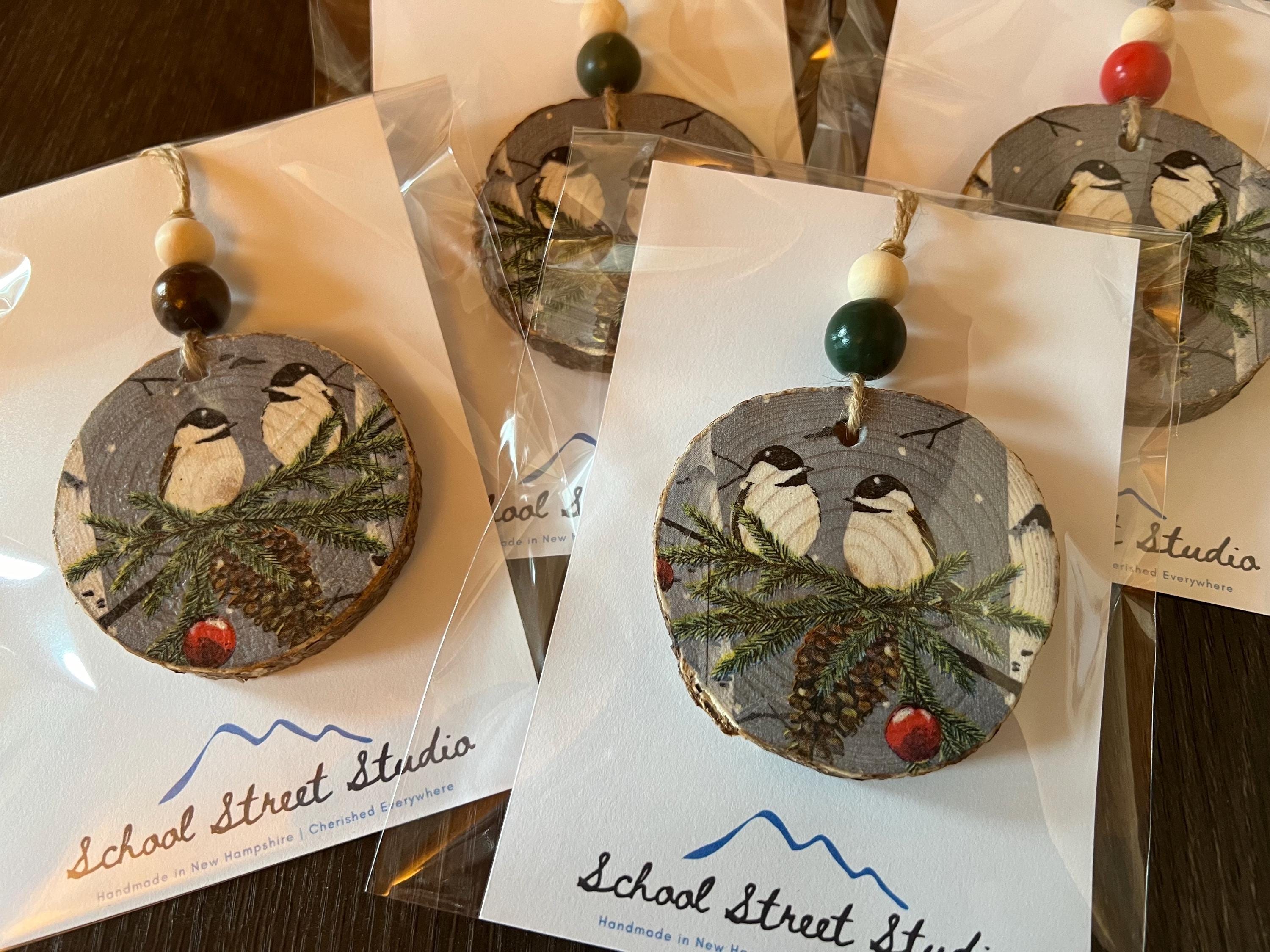 Winter Chickadee Birds Wood Slice Ornament - Decoupaged Handmade ...