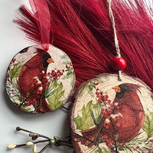Red Cardinal Wood Slice Ornament, Decoupaged Handmade Ornament, Bird ...