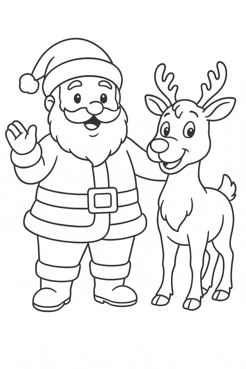 Santa and Reindeer Coloring Page | Christmas Coloring Sheet | Holiday ...