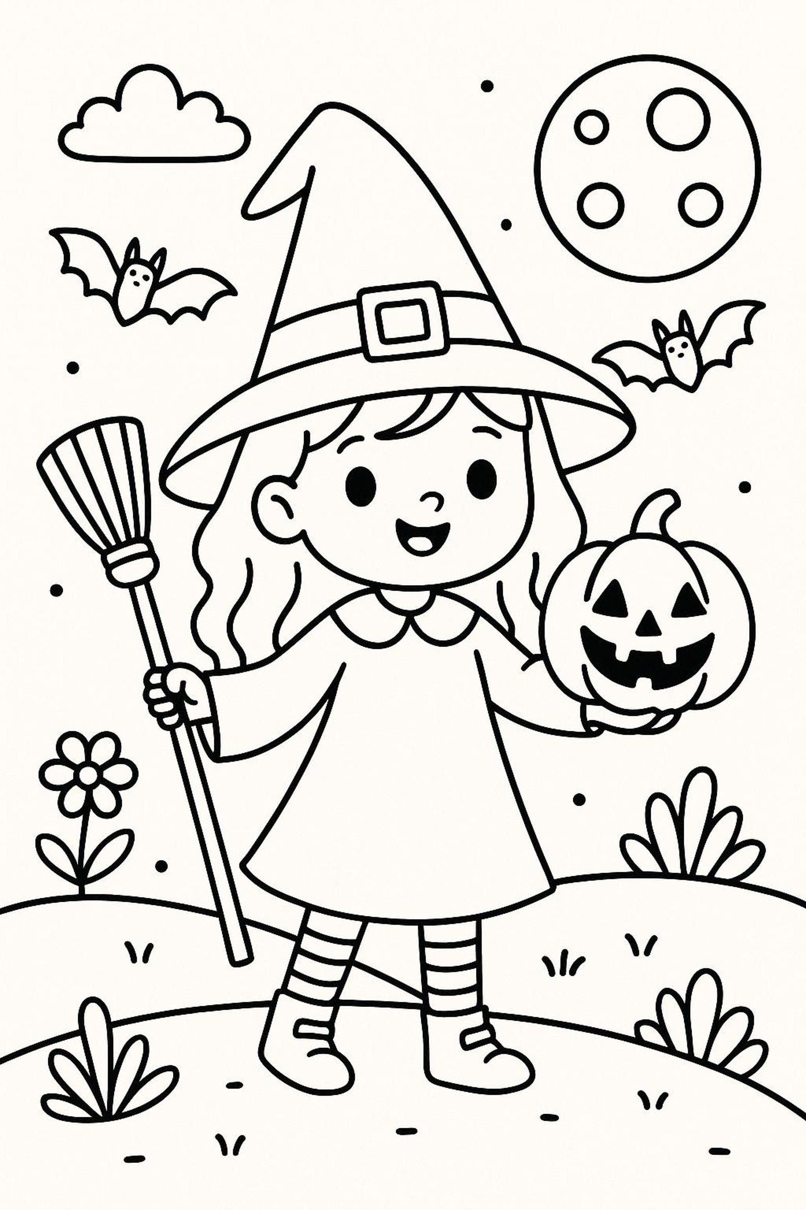 Cute Halloween Witch Coloring Page for Kids | Printable Witch Activity ...